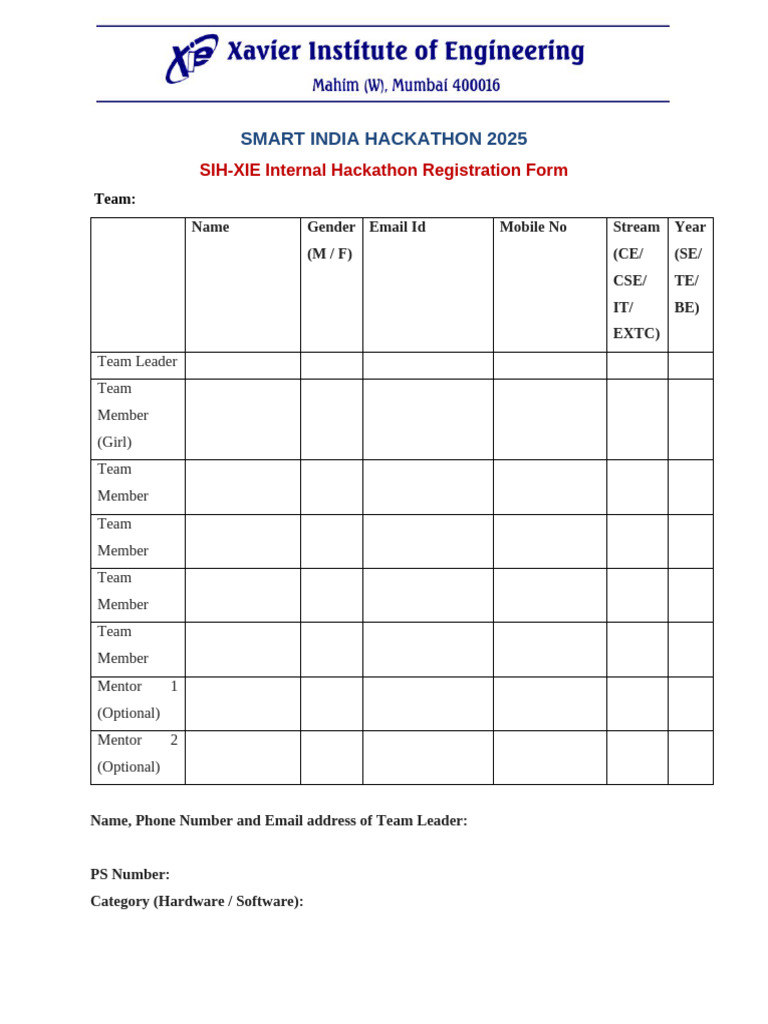 SIH 2025 Registration Form | PDF