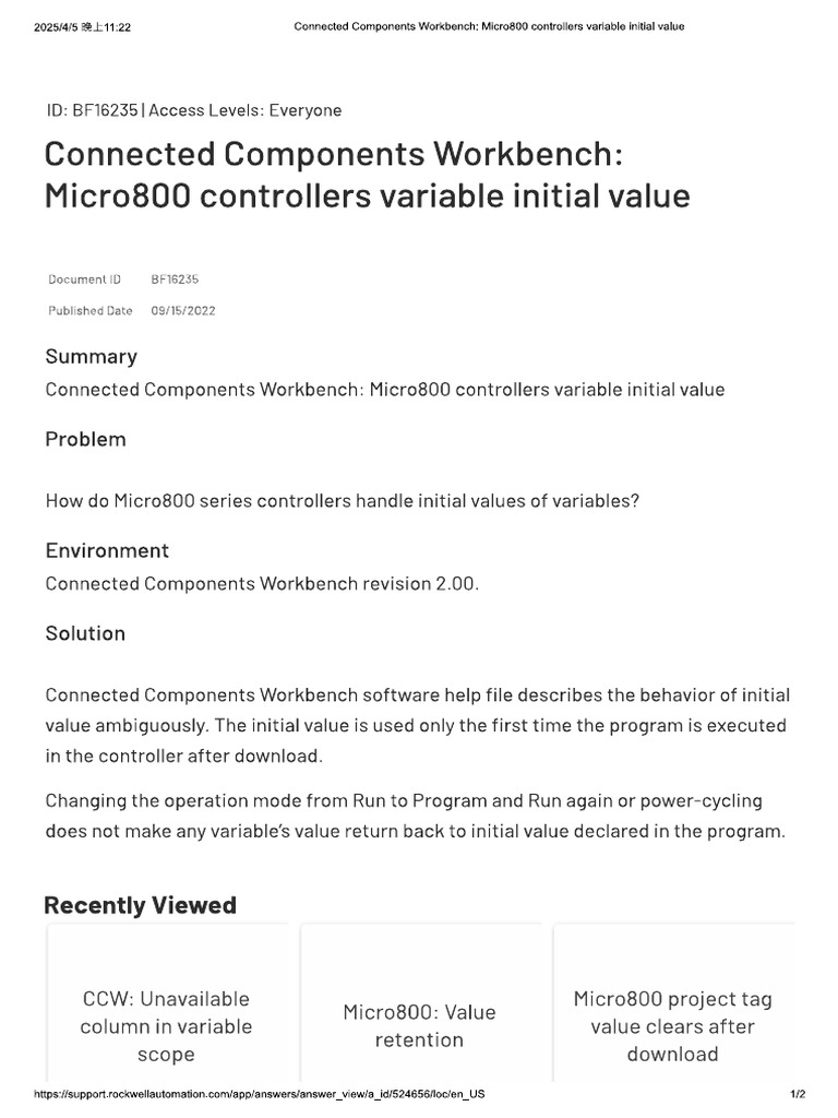 Connected Components Workbench Micro800 Controllers Variable Initial Value | PDF