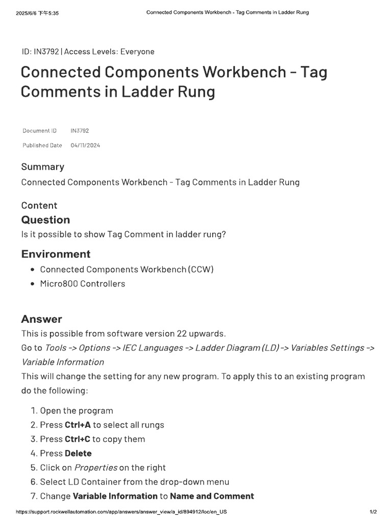 Connected Components Workbench - Tag Comments in Ladder Rung | PDF