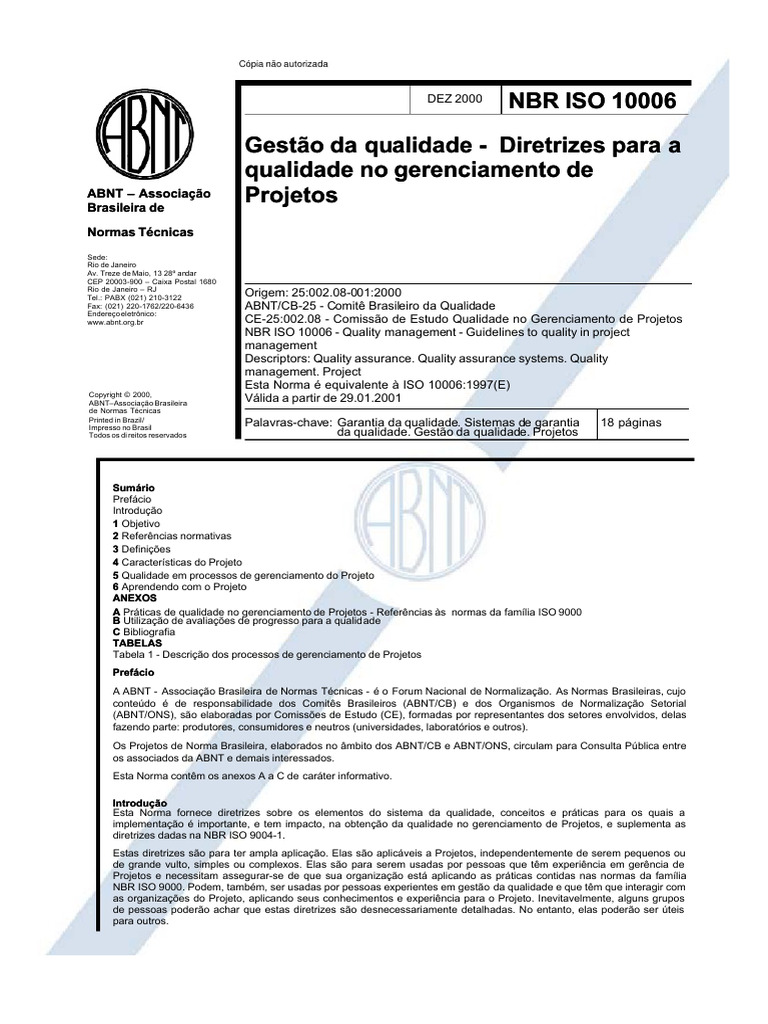 NBR ISO 10006 Gestao Da Qualidade | PDF | Qualidade (negócios) | Orçamento