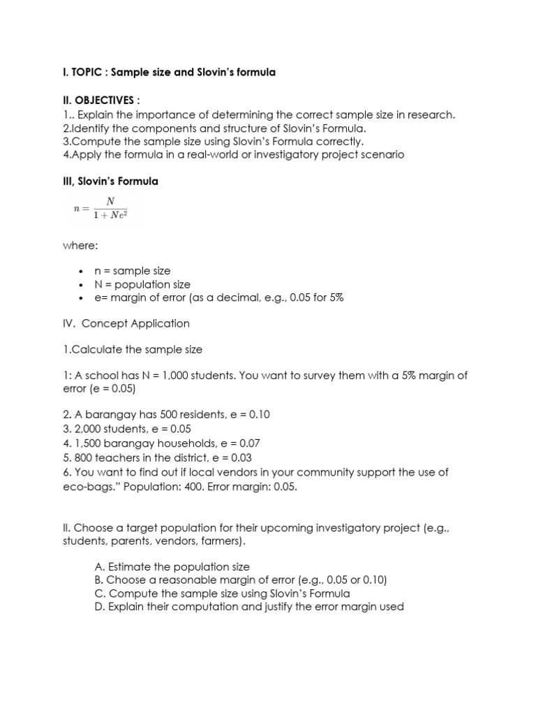 Understanding Slovin's Formula for Sample Size | PDF