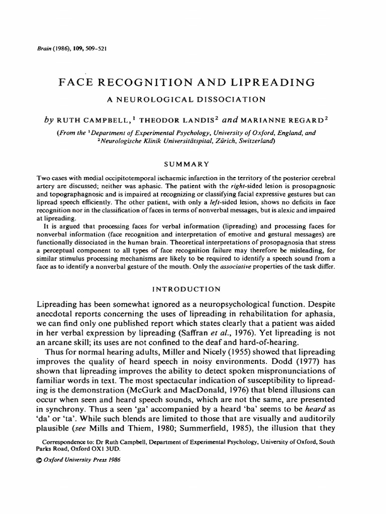 Neurological Dissociation in Face Processing | PDF | Speech | Perception