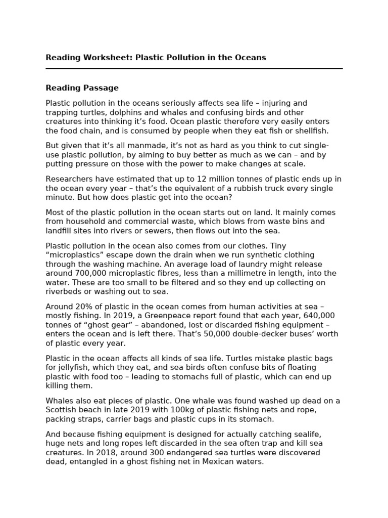 Plastic Pollution in Oceans Worksheet | PDF | Sea | Natural Environment