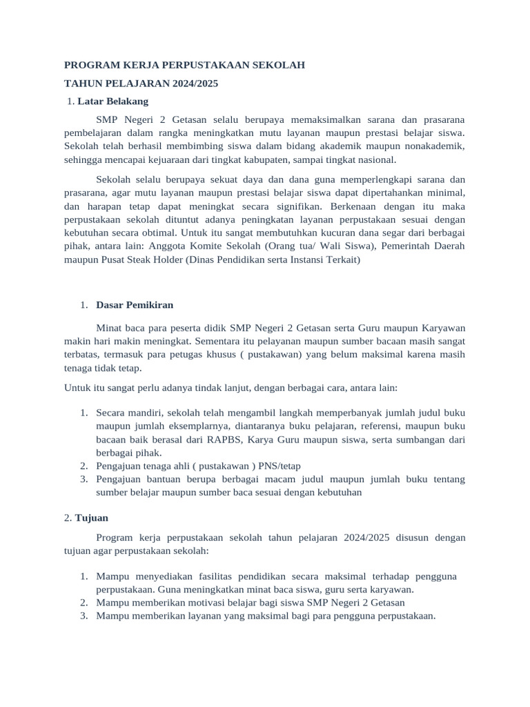 Program Kerja Perpustakaan Sekolah 2024 | PDF