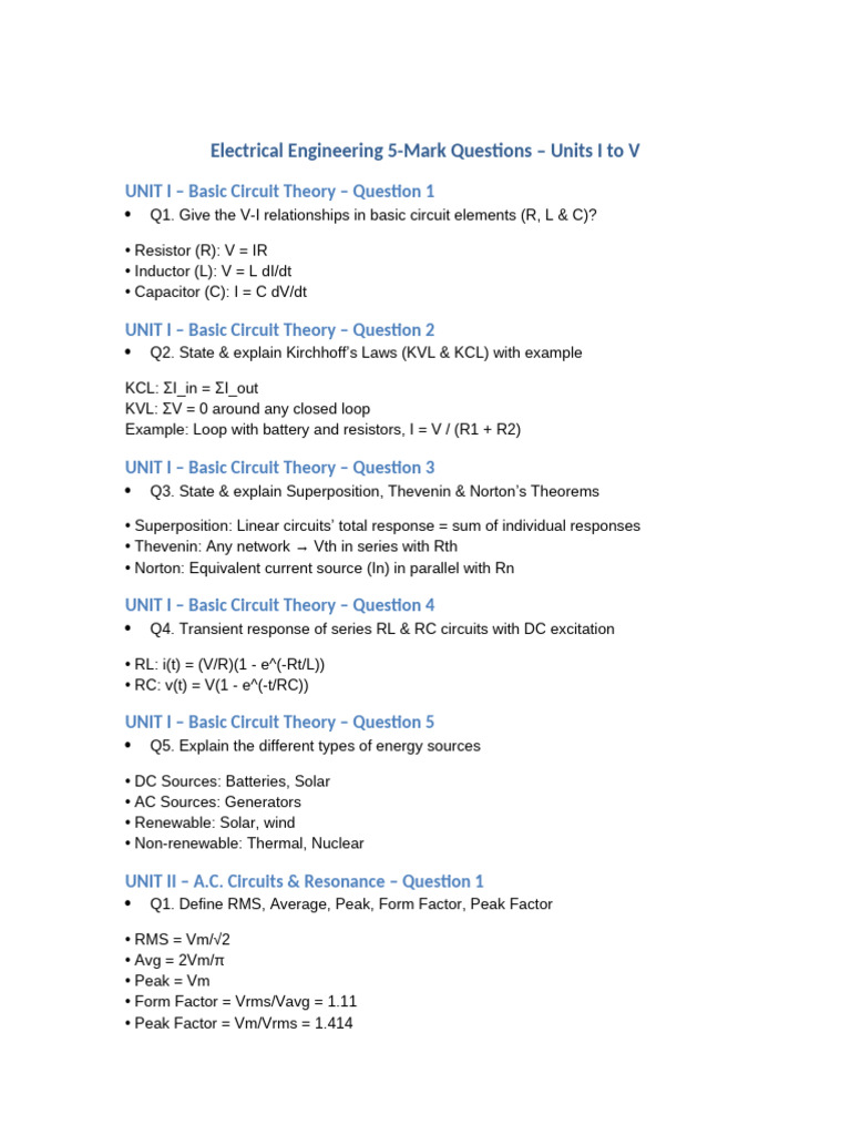 Electrical Engineering 5-Mark Questions | PDF