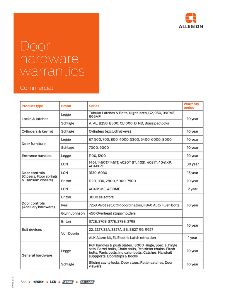 Allegion Commercial Warranty Overview | PDF | Door | Private Law