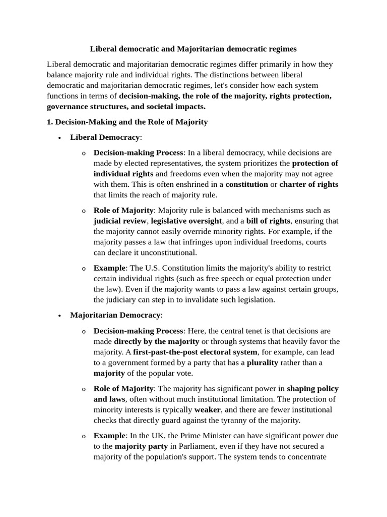 Liberal vs. Majoritarian Democracy Explained | PDF | Liberal Democracy ...