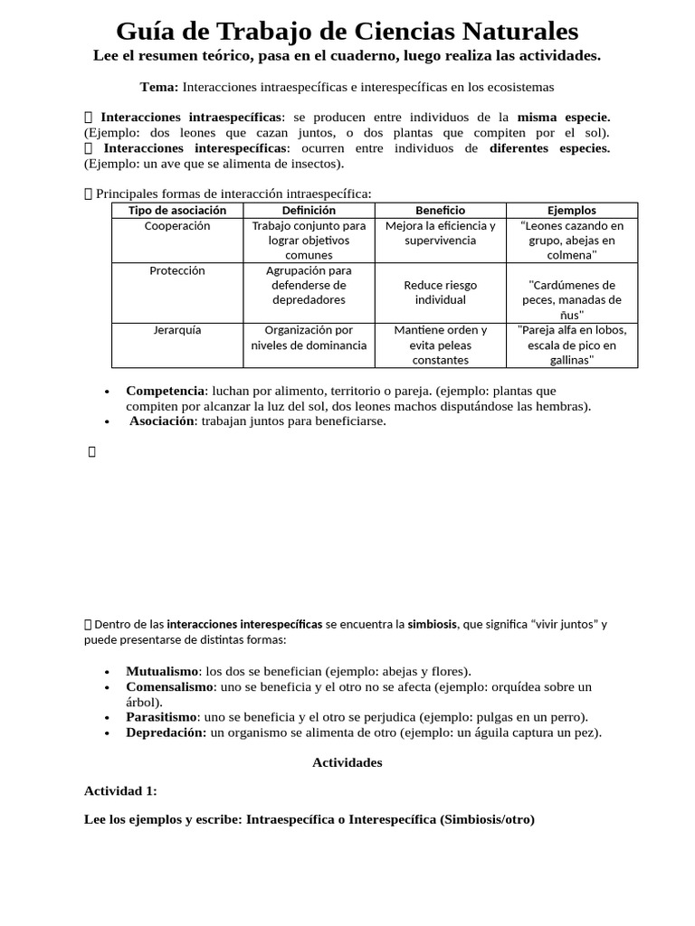 Interacciones en Ecosistemas: Guía de Ciencias | PDF | Depredación ...