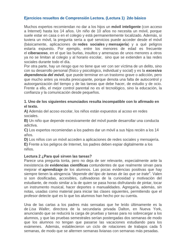 Ejercicios Resueltos de Comprensión Lectora | PDF | Acoso cibernético