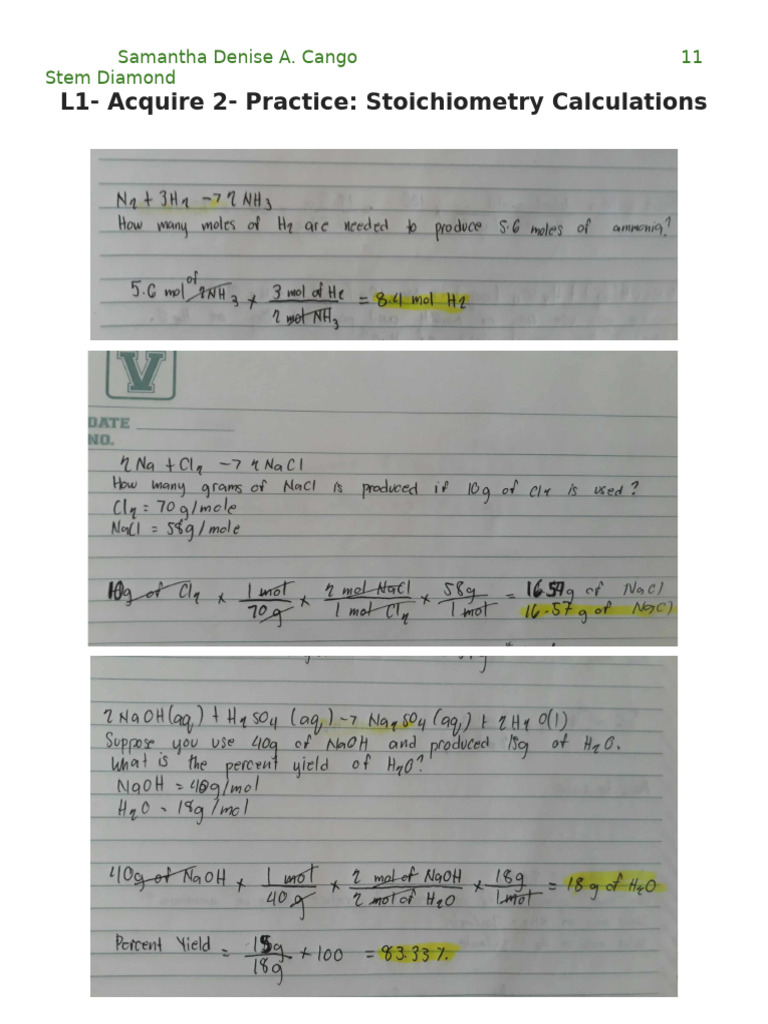 L1 Acquire 2 Practice Stoichiometry Calculations | PDF