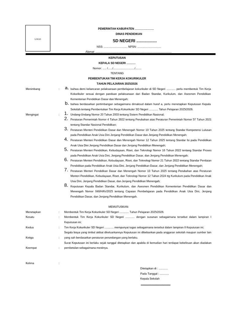 SK Tim Kerja Kokurikuler 2025-2026 (Panduanmengajar - Com) | PDF