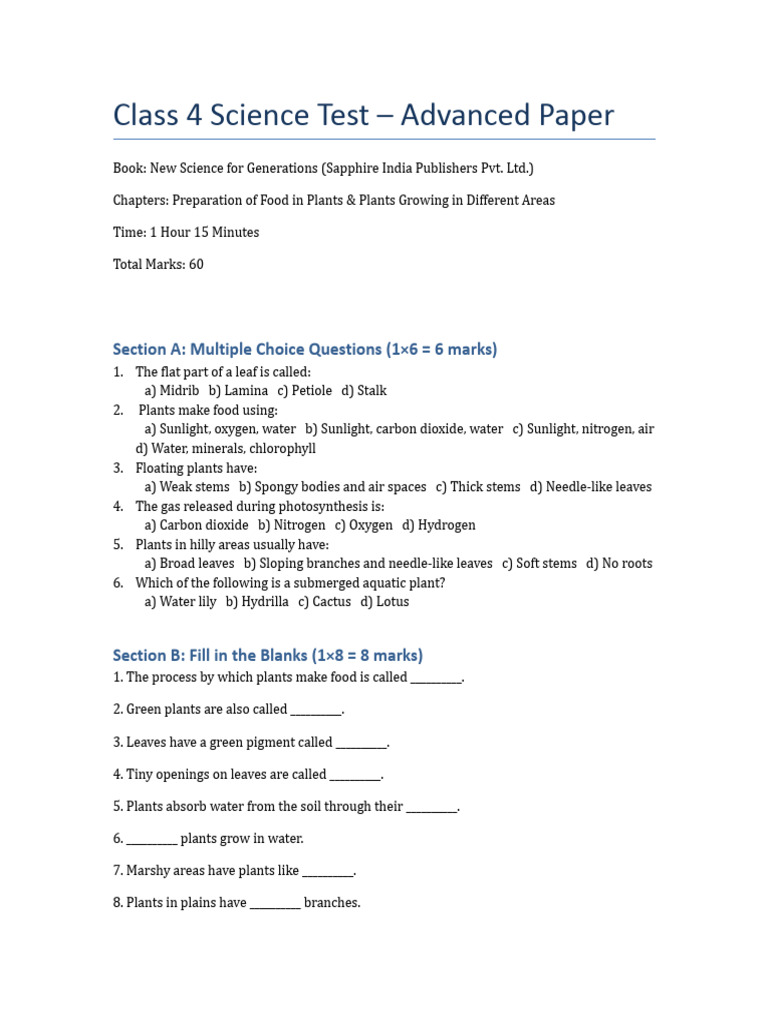 Class 4 Science Test: Plants & Photosynthesis | PDF | Leaf | Plants