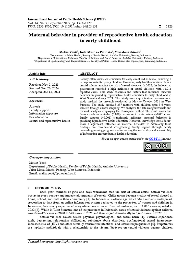 Maternal behavior in provider of reproductive health education to early ...