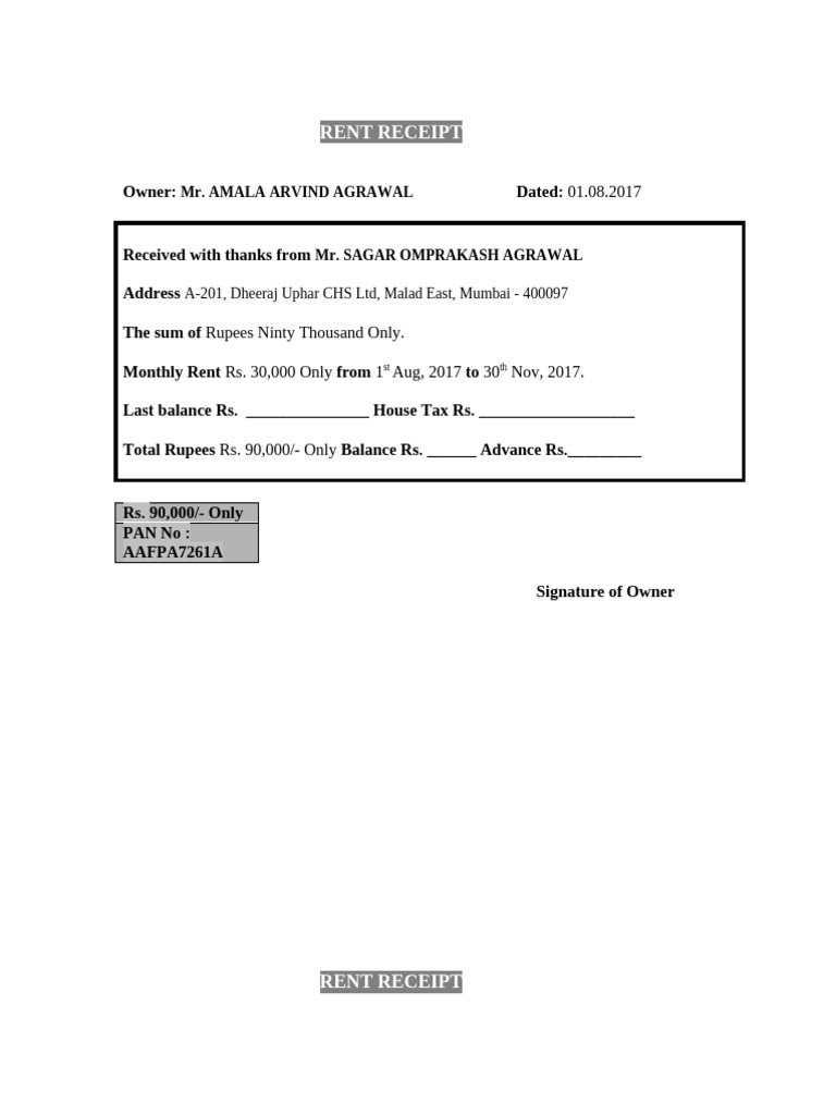 Rent Receipt for Rs. 30,000 Monthly | PDF