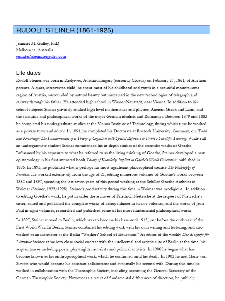 Rudolf Steiner: Life and Legacy | PDF | Rudolf Steiner | Waldorf Education