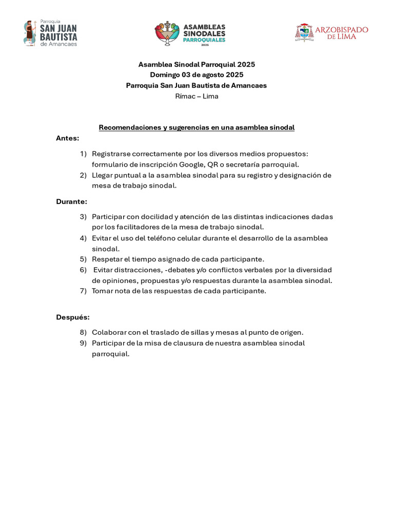Recomendaciones Asamblea Sinodal Parroquial 2025 | PDF