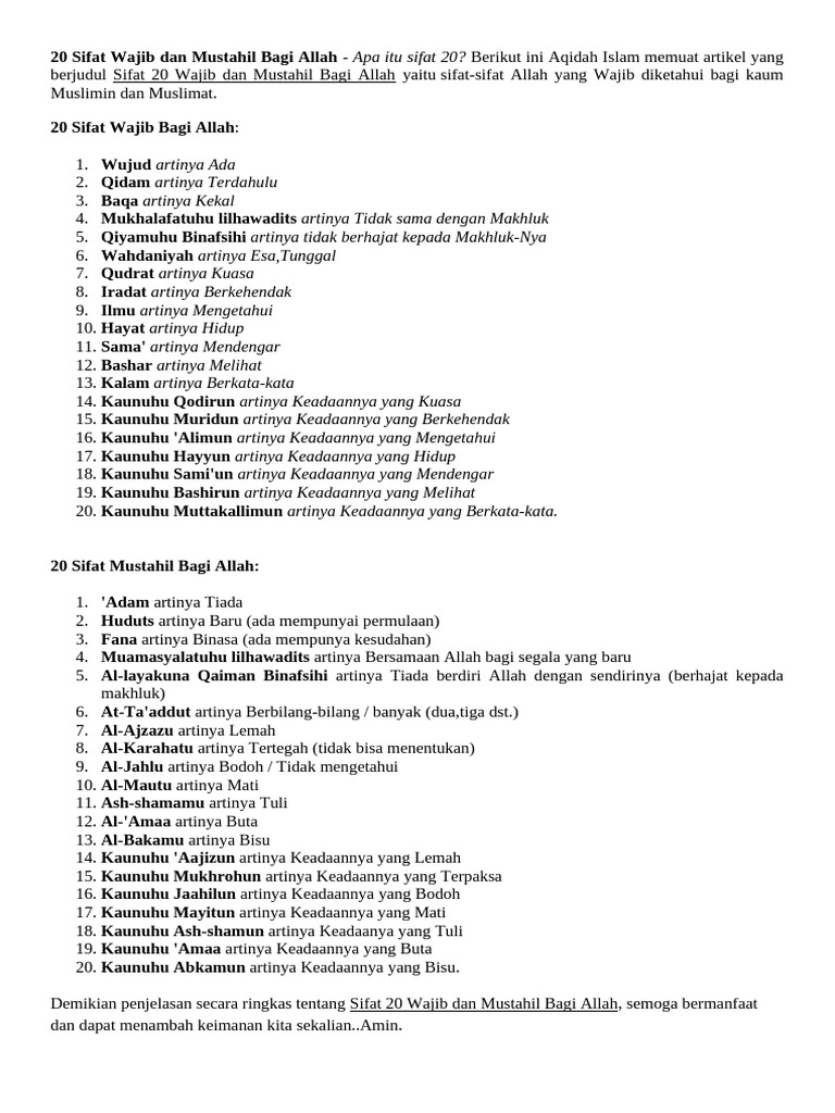 20 Sifat Wajib dan Mustahil Allah | PDF