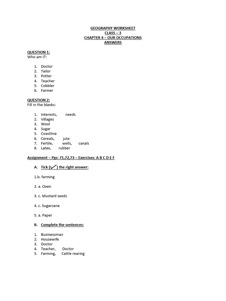 Grade 3 Occupations Geography Worksheet | PDF