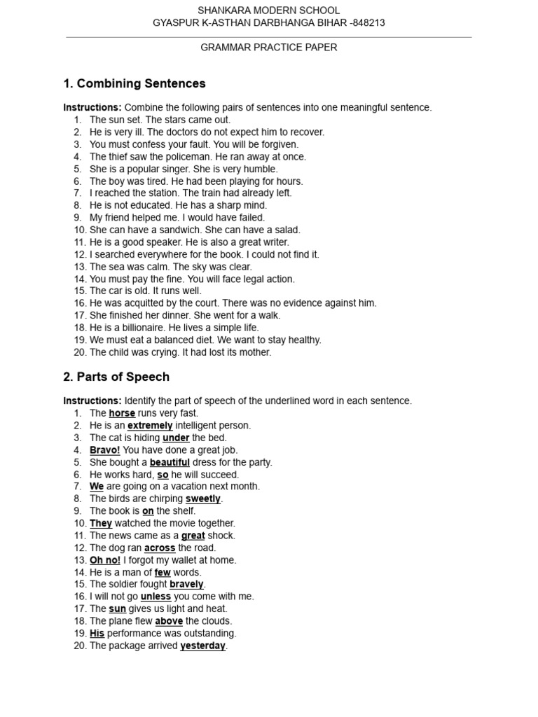 Shankara Modern School Grammar Practice | PDF