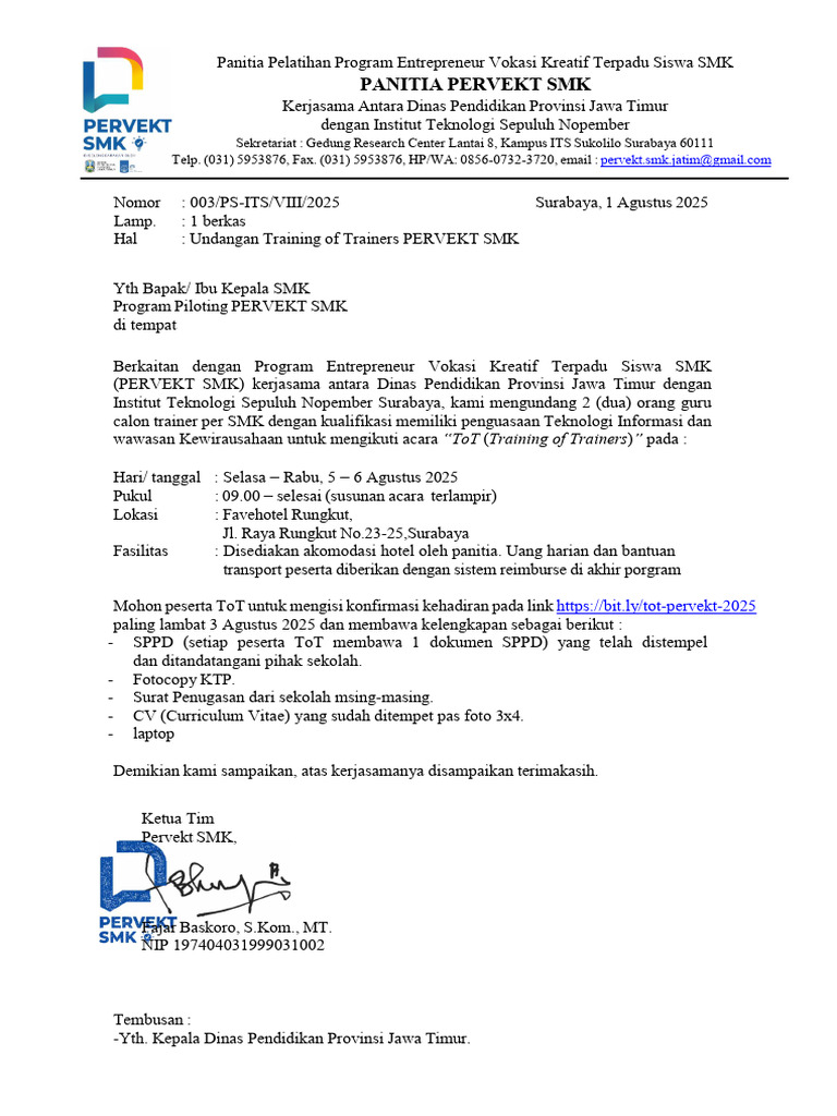 Undangan TOT PERVEKT SMK 2025 - Revisi Form SPPD_Mochammad Sirojul Munir | PDF