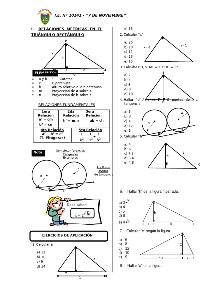 Relaciones Metricas en El Triangulo Rectangulo | PDF | Geometría del plano euclidiano ...