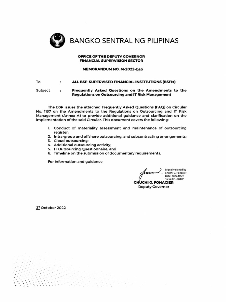 BSP Memo Circular M-2022-046 | PDF | Outsourcing | Subcontractor