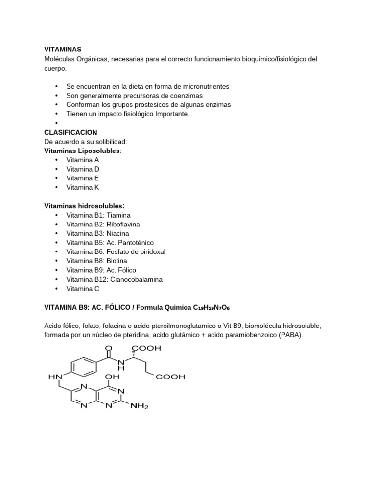 Vitaminas: Clasificación y Ácido Fólico | PDF | Vitamina | Compuestos ...