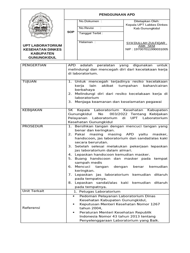 SOP Penggunaan APD di Laboratorium Gunungkidul | PDF