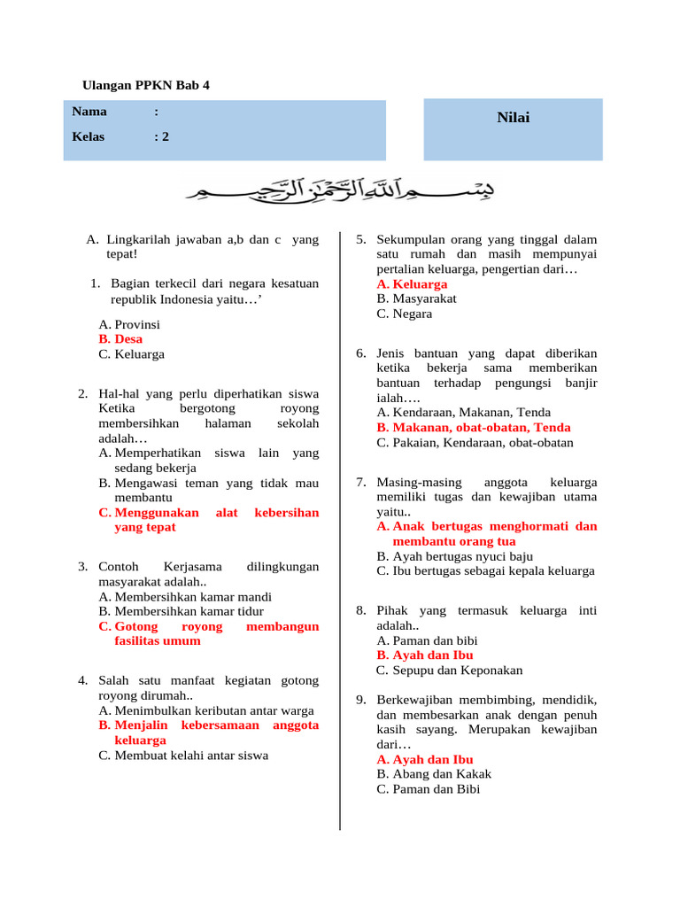 Ulangan PPKN Bab 4 Kelas 2 | PDF