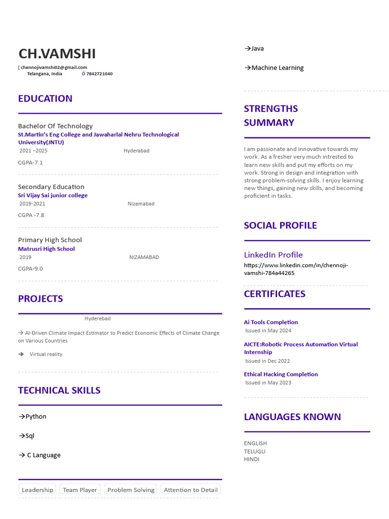 B.Tech Student Profile and Skills Summary | PDF