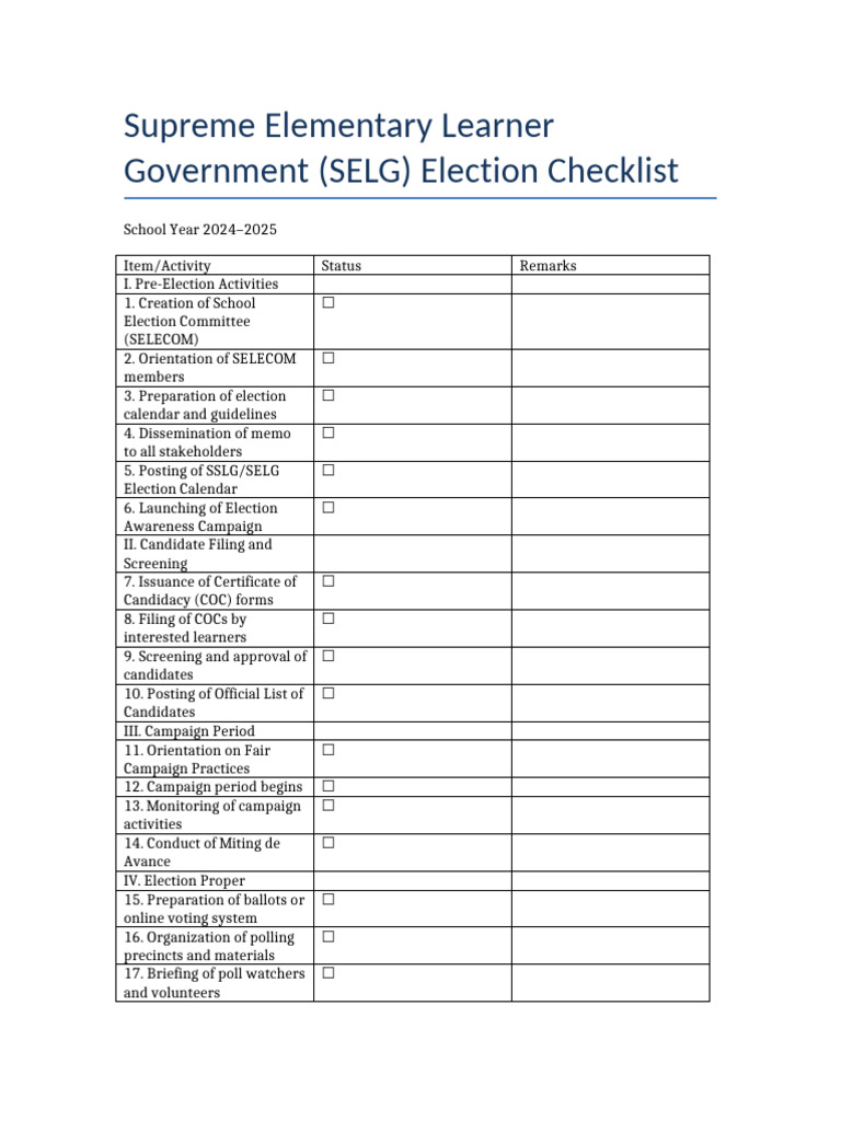SELG Election Checklist 2024-2025 | PDF