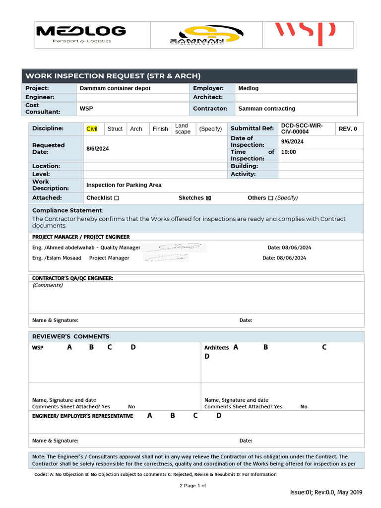 DCD SCC WIR CIV 00004 Work Inspection Request Parking | PDF