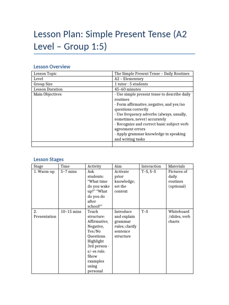 Simple Present Tense Lesson Plan | PDF | Lesson Plan | Grammar