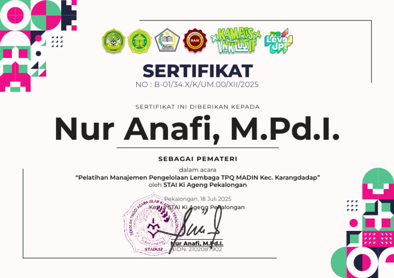 Sertifikat Pemateri - Nur Anafi, M.Pd.I. | PDF