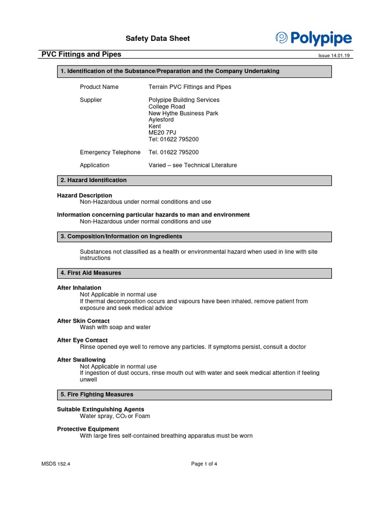 PVC Fittings and Pipes Safety Data Sheet 0 0 | PDF | Polyvinyl Chloride ...