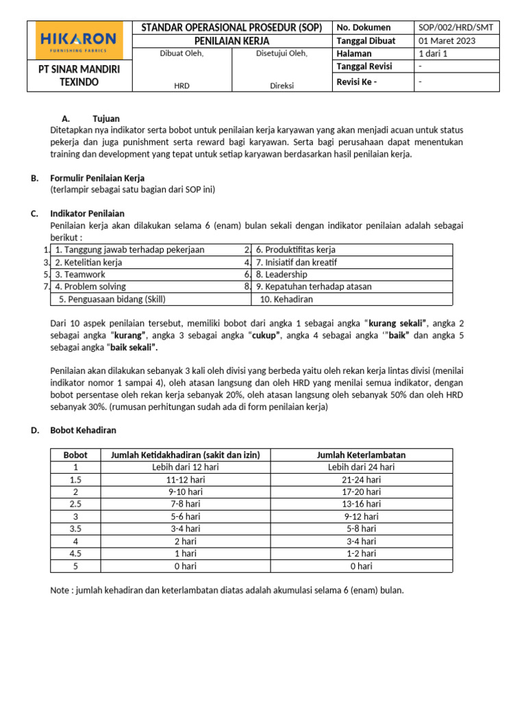 Sop 002 Penilaian Kerja | PDF