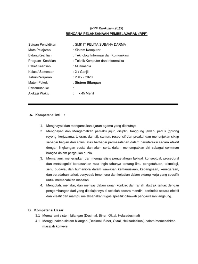 RPP Sistem Bilangan untuk SMK IT | PDF