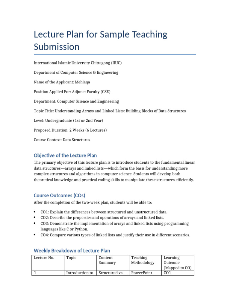 Lecture Plan Mehlaqa Data Structures | PDF | Data Structure | Computer Science