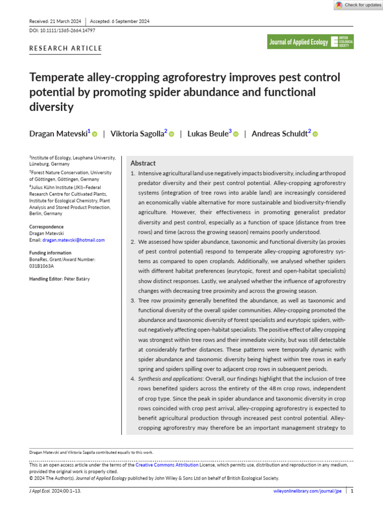 D. Matevski, 2024, Temperate Alley-Cropping Agroforestry Improves Pest ...