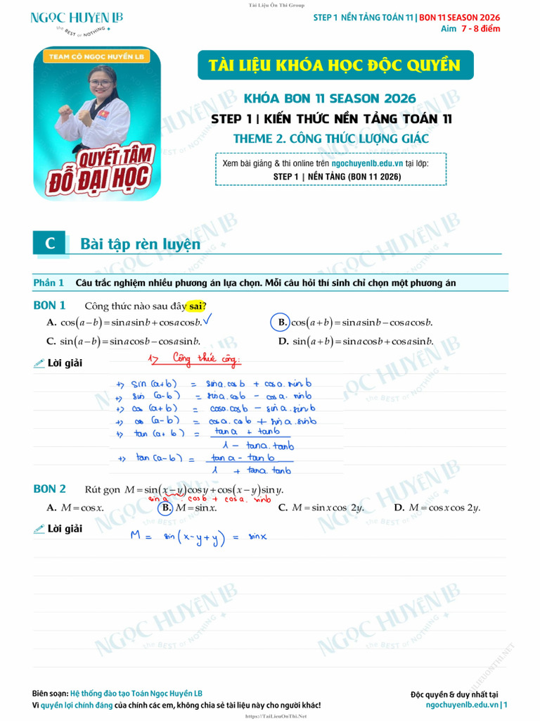 (Ngọc Huyền LB-BON 11 2026) STEP 1-BTRL Theme 2. Công Thức Lượng Giác ...