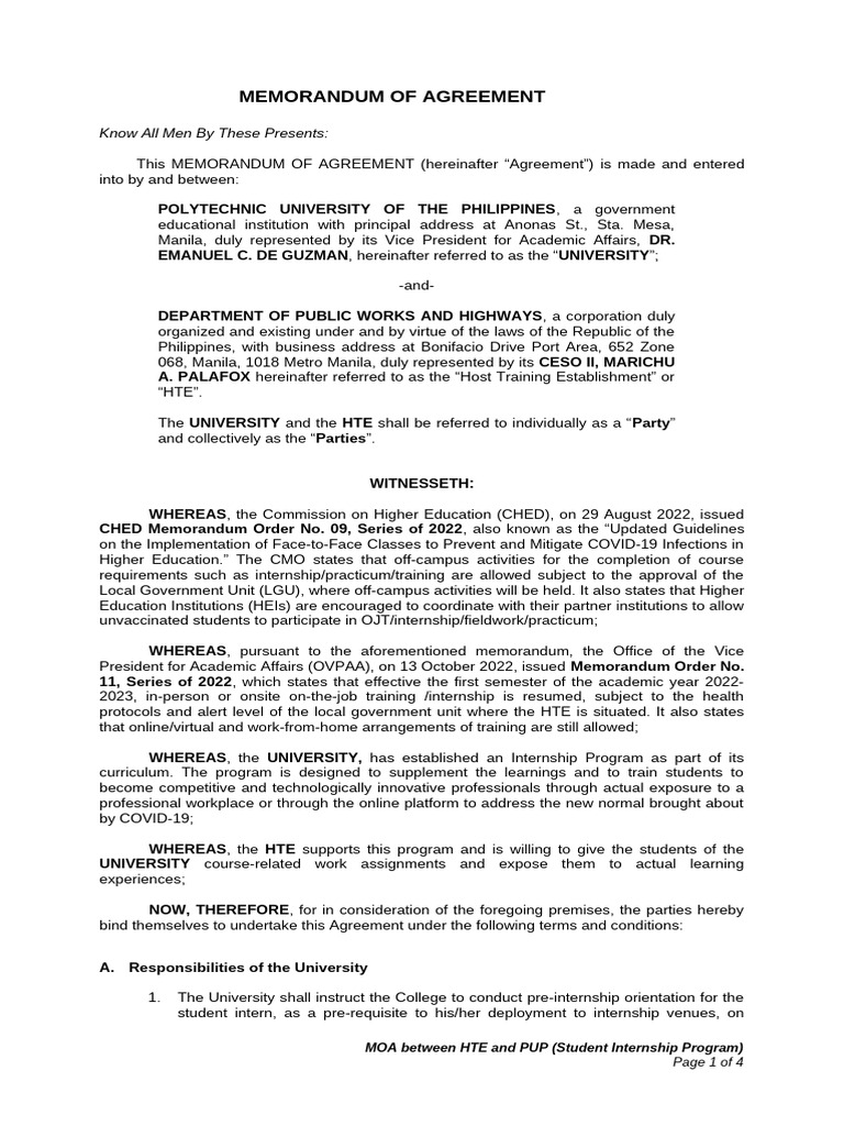MOA for Student Internship Program | PDF | Intellectual Property ...