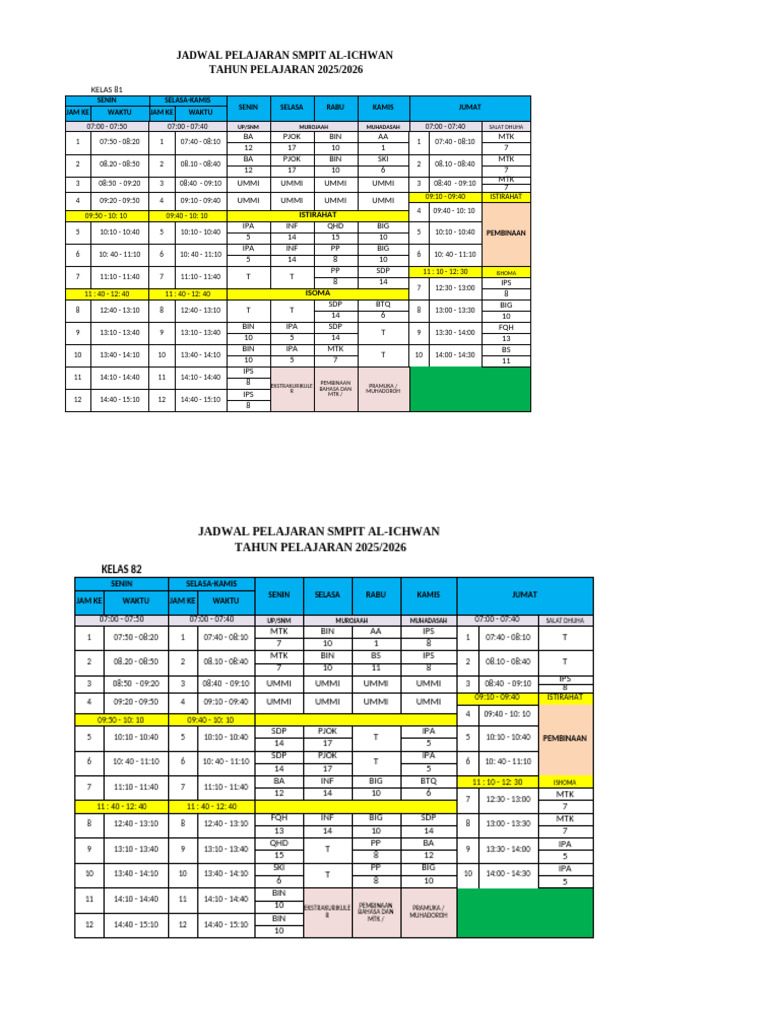 Jadwal Pelajaran SMPIT Al-Ichwan 2025/2026 | PDF