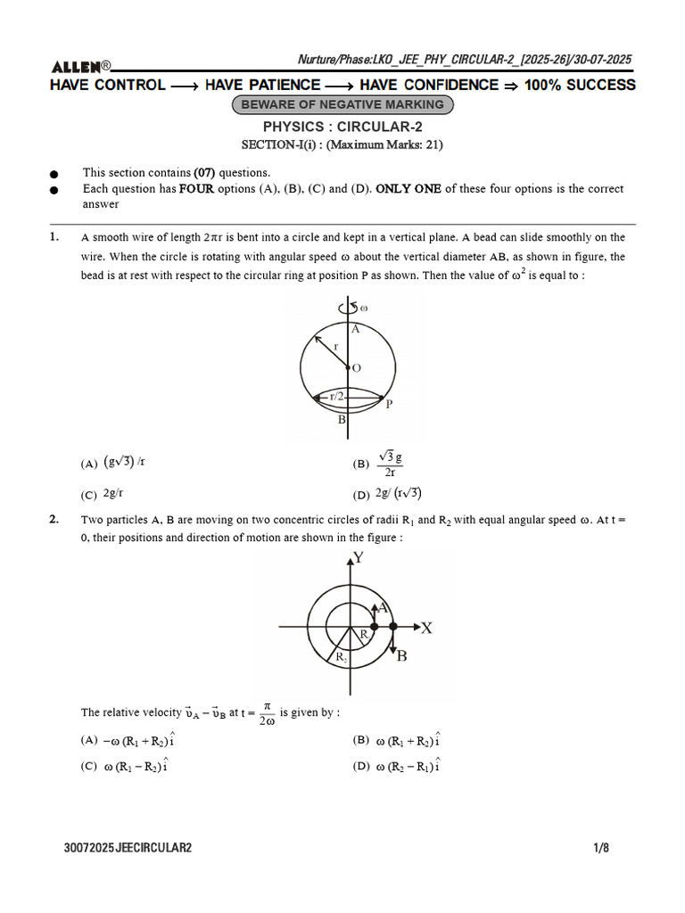 JEE Physics Circular Motion Problems | PDF | Mechanics | Classical ...