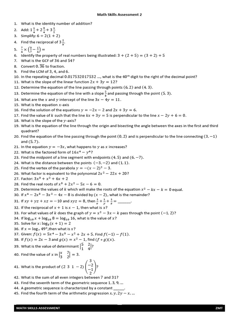 Basic Math Skills Assessment 2 ALGEBRA | PDF | Equations | Zero Of A ...