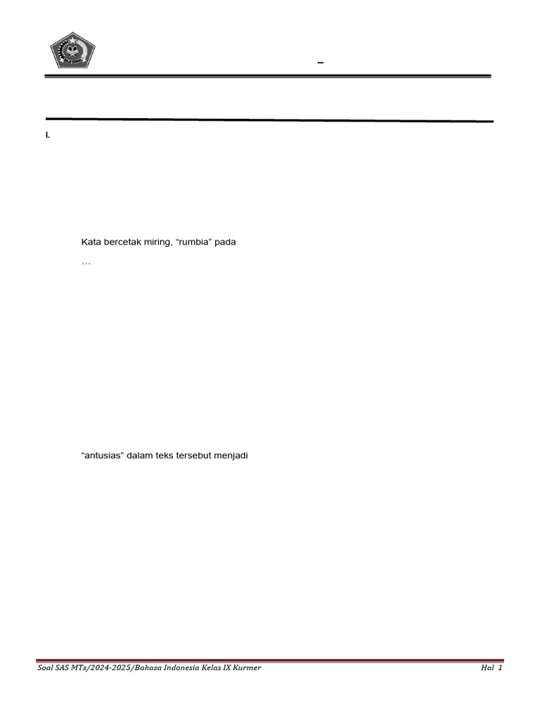 Soal Sas Ganjil Bahasa Indonesia Kelas 9 Kurmer Tapel 2024-2025 | PDF