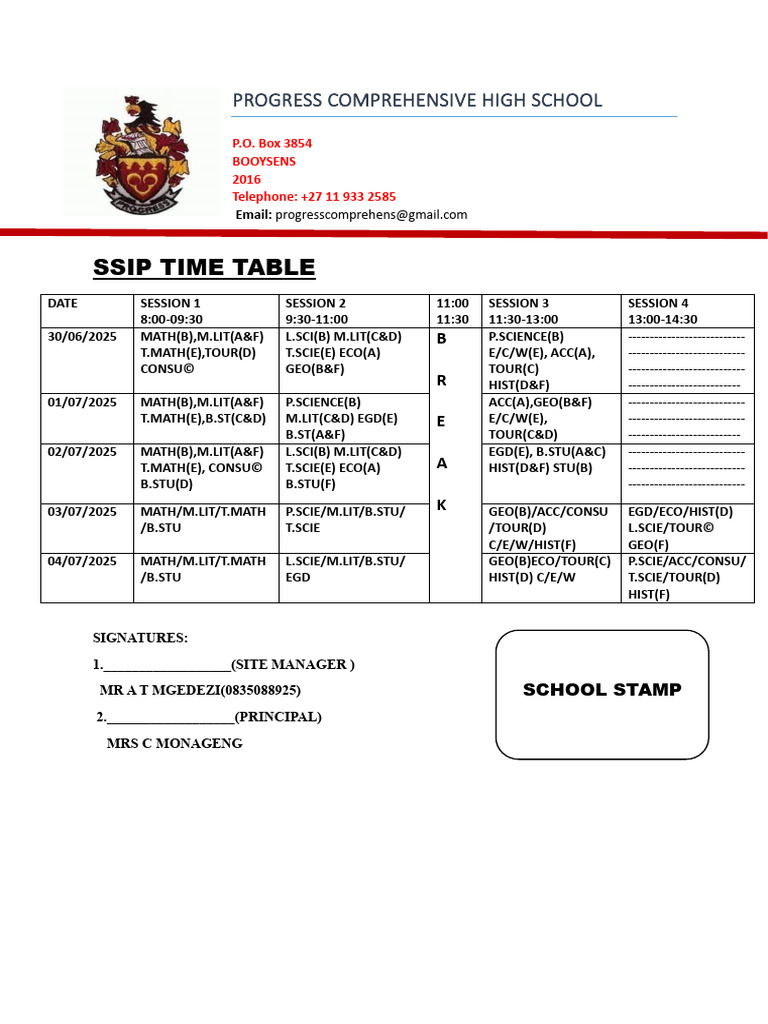 Ssip Time Table June 2025 March Holiday | PDF