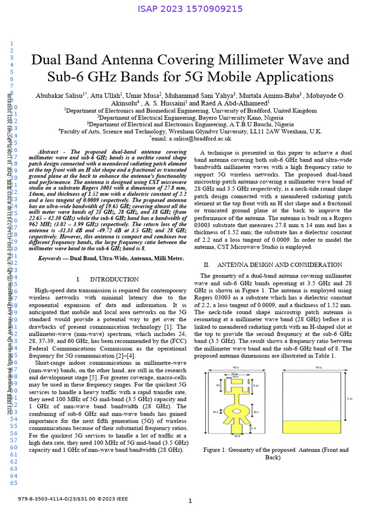 Dual Band Antenna Covering Millimeter Wave and Sub-6 GHZ Bands For 5G Mobile Applications | PDF ...