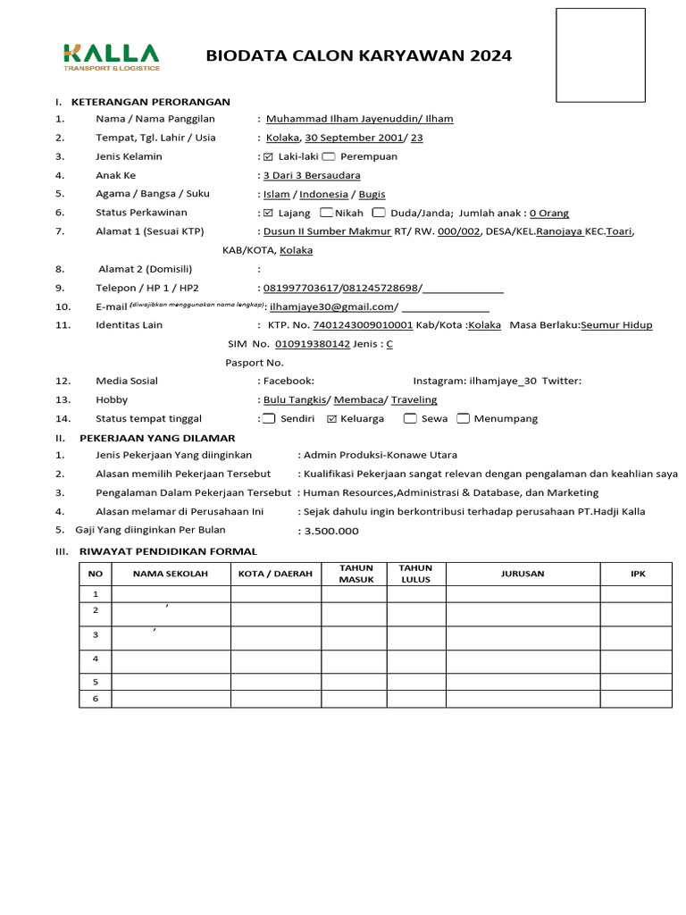 Lamaran Biodata (1) 2 | PDF