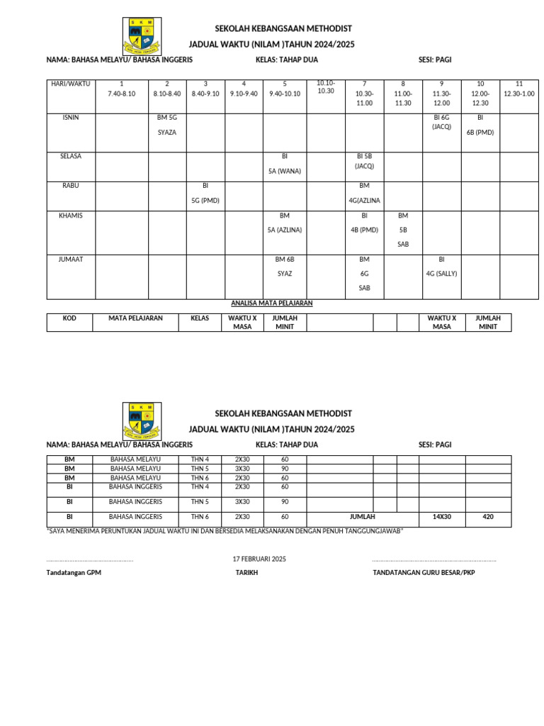 Jadual Nilam Sesi Pagi 2025 | PDF