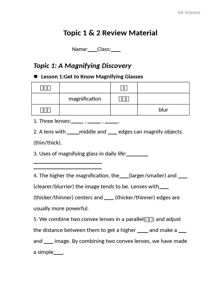 G6 Science Topic 1 & 2 Review Material | PDF | Optics | Equipment